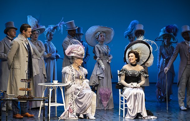 Harry Hadden-Paton, Rosemary Harris, Laura Benanti, and the cast of MY FAIR LADY. Photo by Joan Marcus.